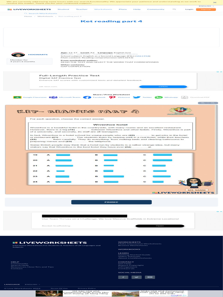Ket Reading Part 4 844381 HOGWARTS Live Worksheets | PDF | Learning