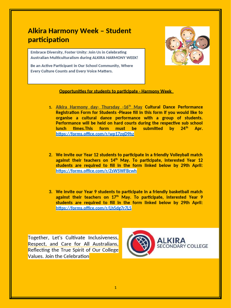 Alkira Harmony Week Student Participation Poster | PDF