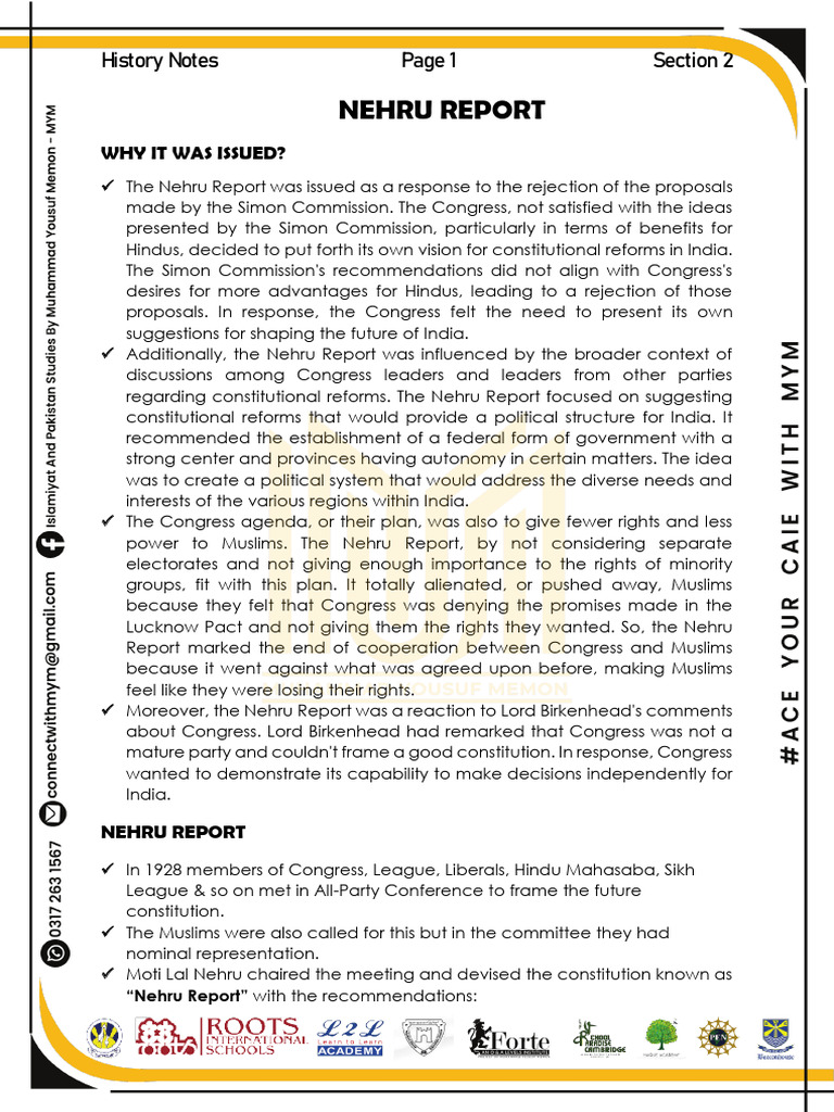 Nehru Report Notes and Solved Past Papers 2023-24 | PDF