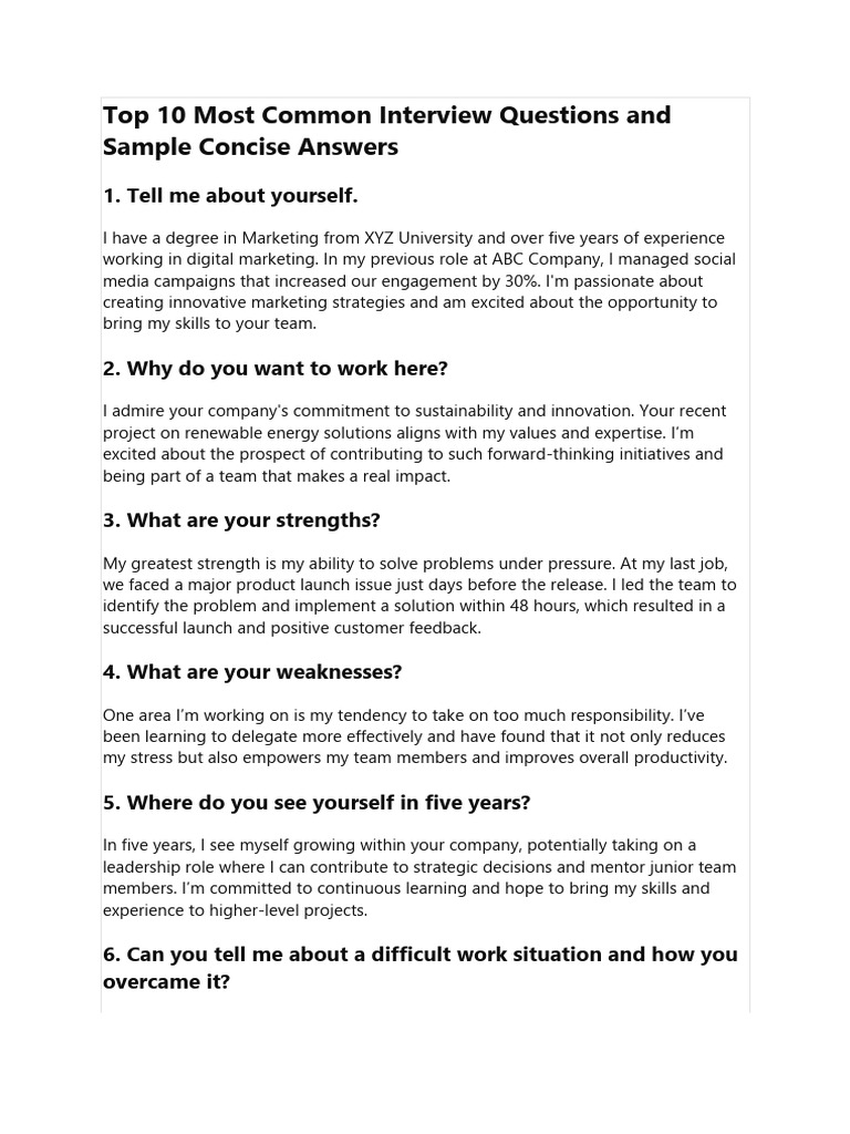 Top 10 Most Common Interview Quections & Answers | PDF | Mentorship | Marketing Strategy