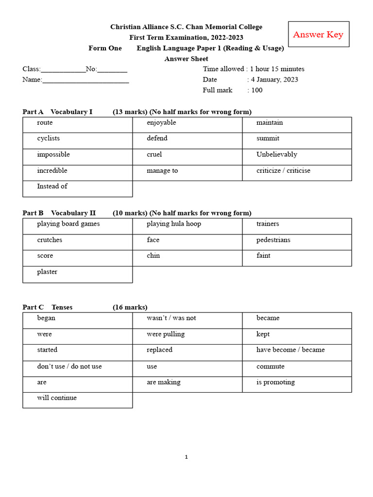 2223 1st Exam F1 Eng1 ANS | PDF | Linguistics