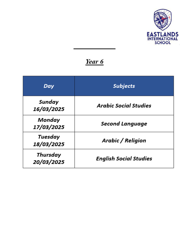 Year 6 Term 2 Exam Schedule | PDF