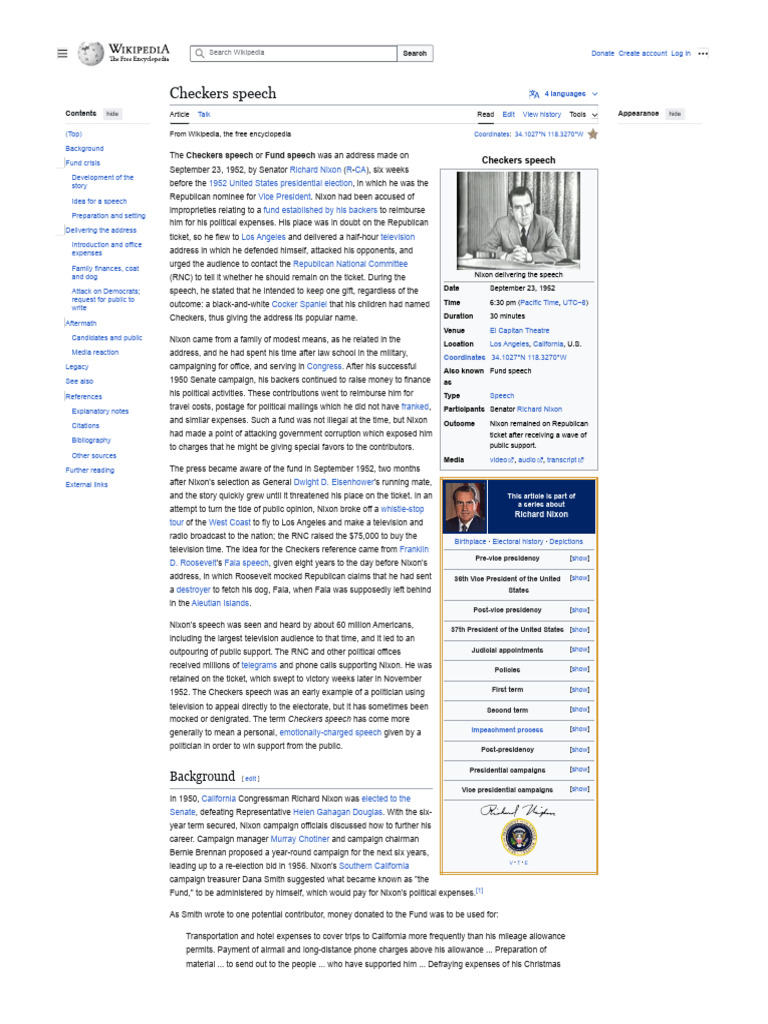 Checkers speech | PDF | Richard Nixon | Politics Of The United States