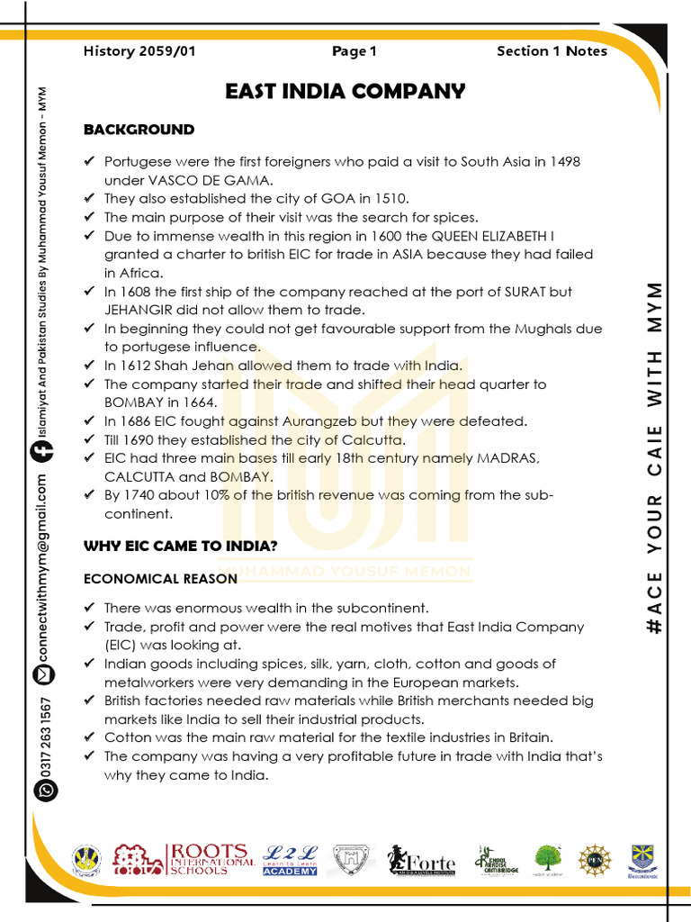 East India Company Notes and Solved Past Papers 2023-24 | PDF | British ...
