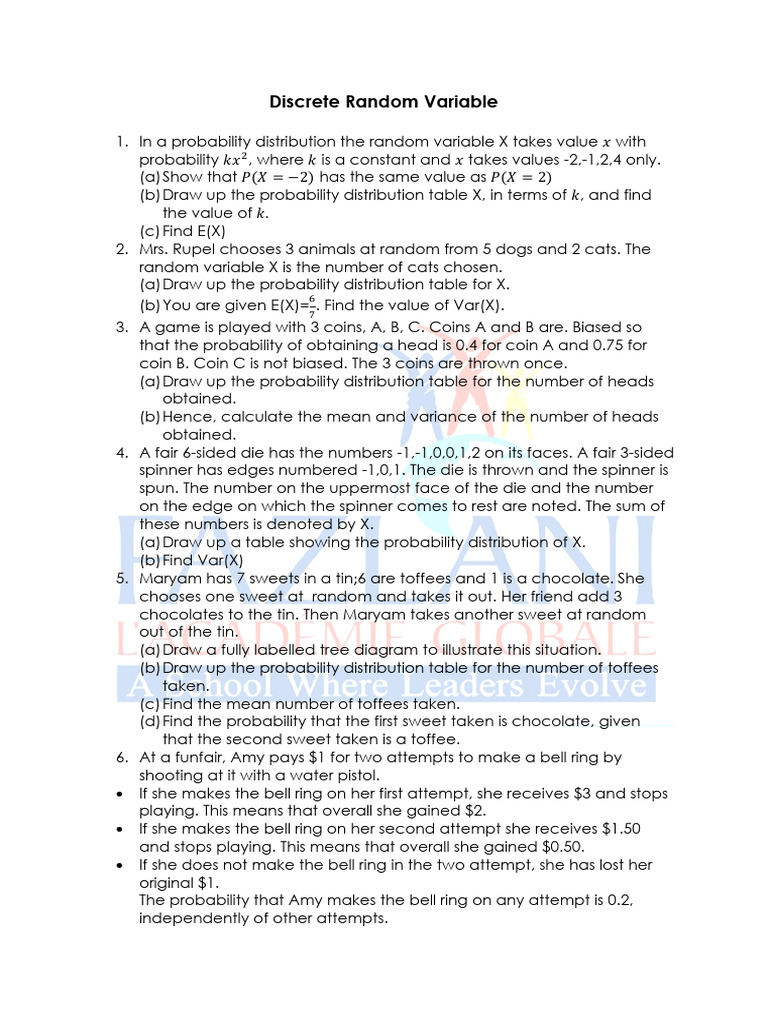 Discrete Random Variable | PDF | Variance | Probability Distribution