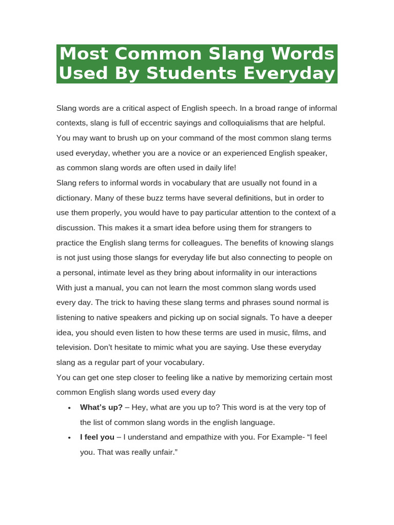 Most Common Slang Words Used by Students Everyday | PDF | Slang ...