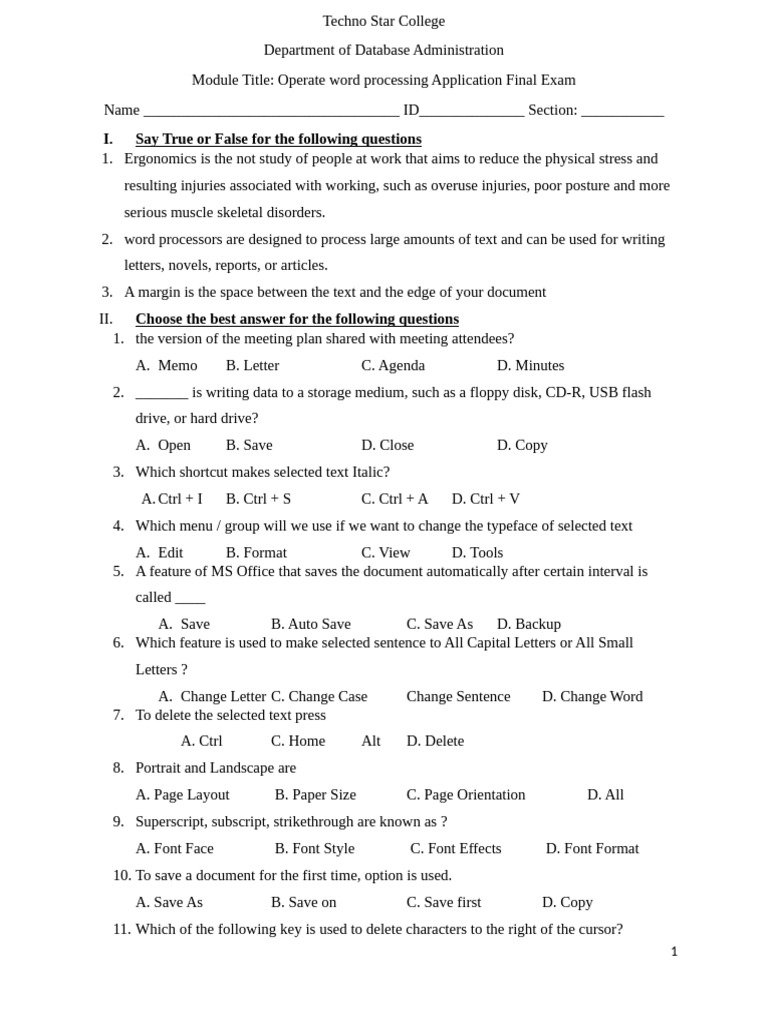 Word Processing Application Exam Guide | PDF | Control Key | Software