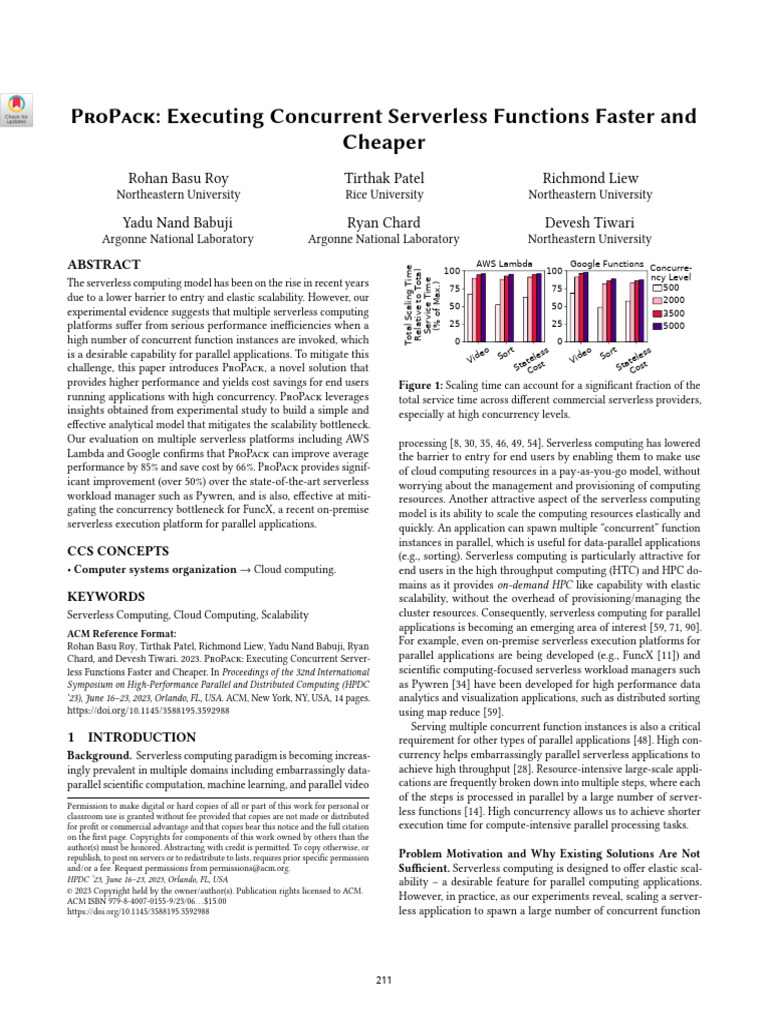 ProPack Executing Concurrent Serverless Functions Faster | PDF | Scalability | Cloud Computing
