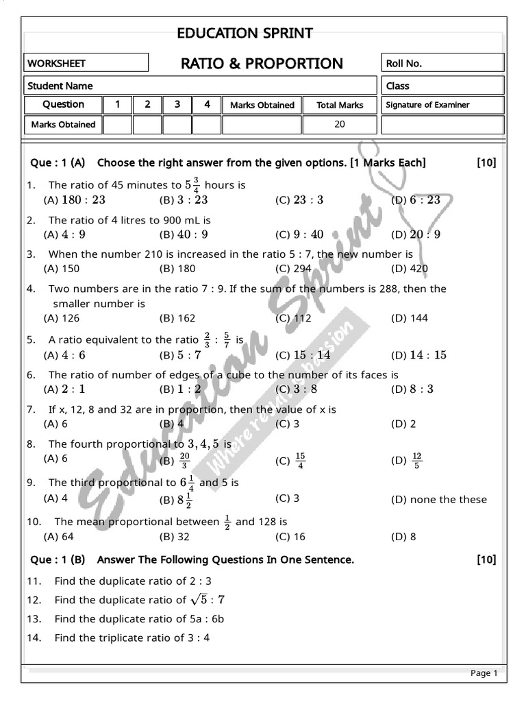 RATIO & PROPORTION Worksheet | PDF | Ratio | Mathematics