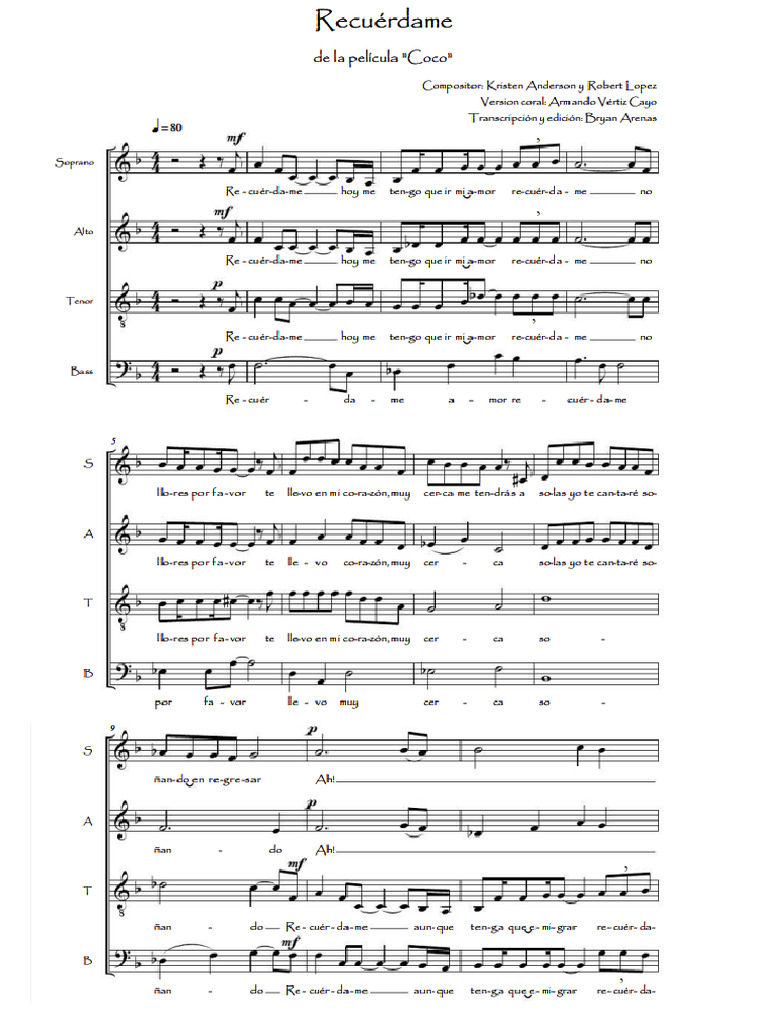 Recuerdame Coco 4 Voces Partitura y Letra | PDF