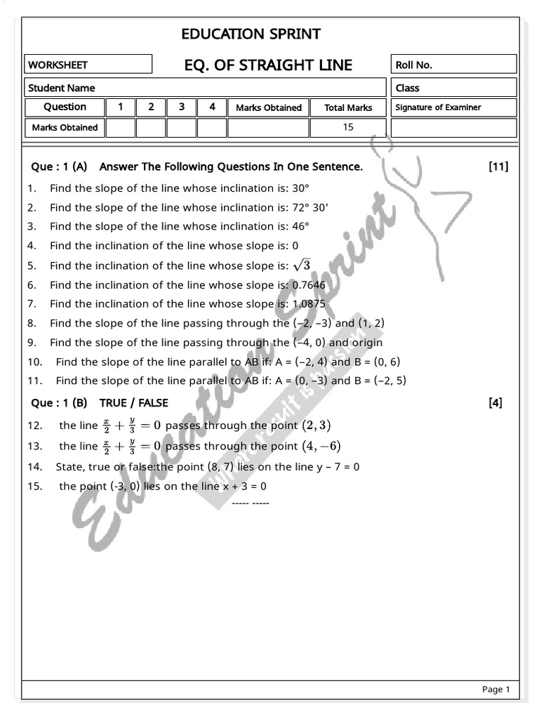 EQ. OF STRAIGHT LINE Worksheet | PDF