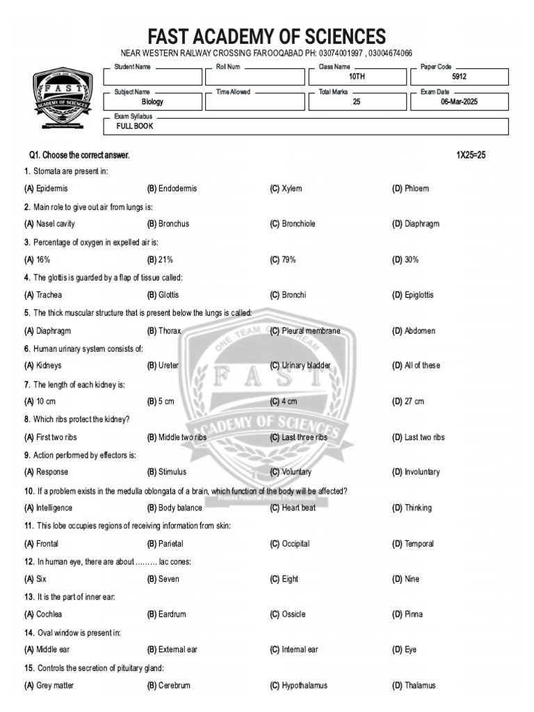10th Biology Full Book McQs | PDF | Zygosity | Ear