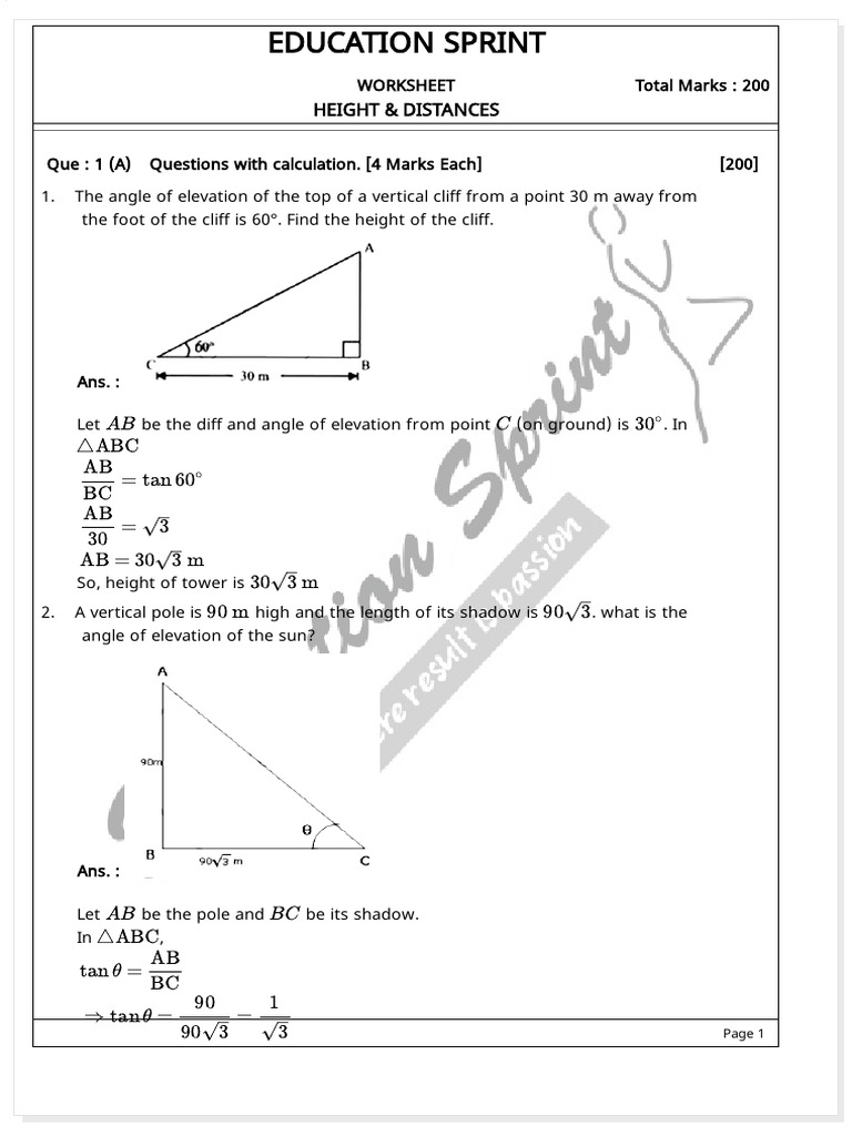 HEIGHT & DISTANCES Worksheet - Solution | PDF | Angle | Shadow