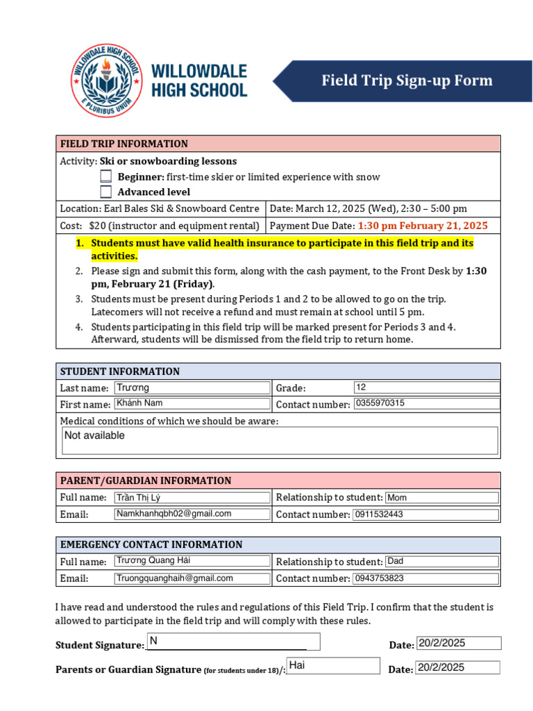 Skiing Field Trip Sign-Up Form | PDF | Private Law