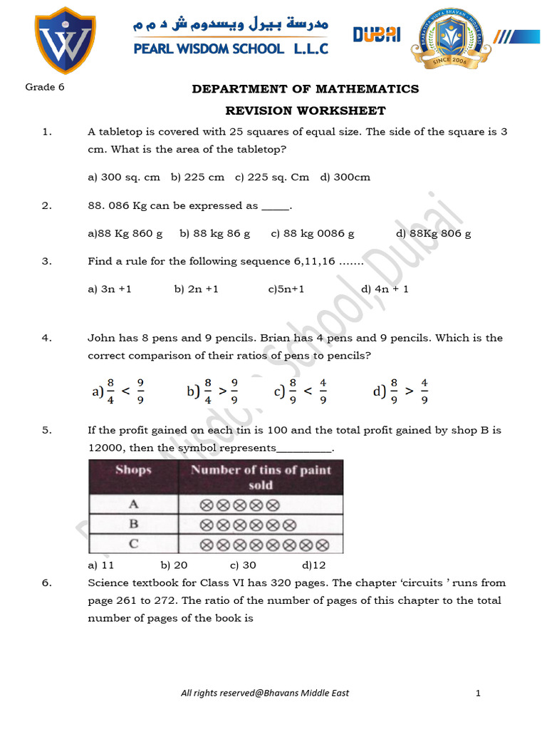 Grade 6 Revision Worksheet Mixed Topics | PDF | Length | Area
