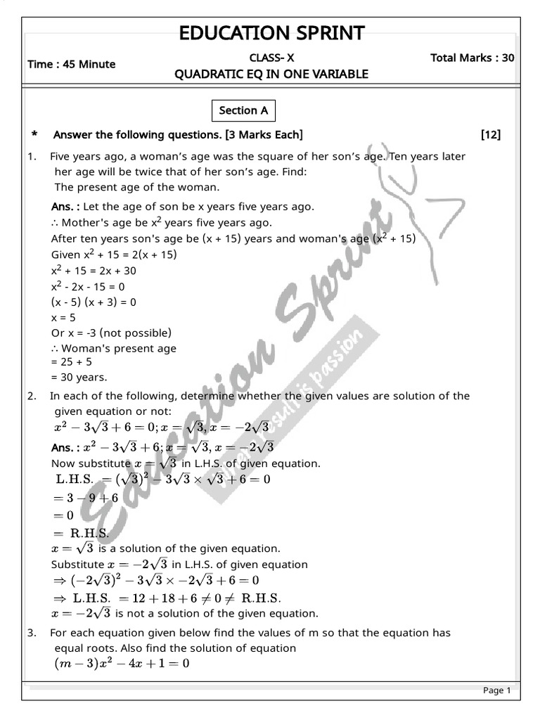QUADRATIC EQ IN ONE VARIABLE Mock Test - Solution | PDF | Mathematics ...