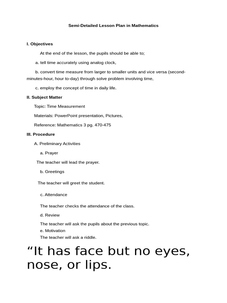 Lesson Plan in Mathematic Time Measurement | PDF | Time