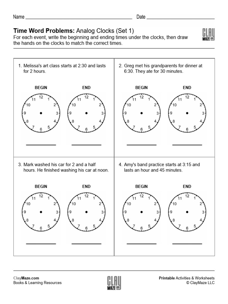 Clock Time Word Problems Worksheet | PDF
