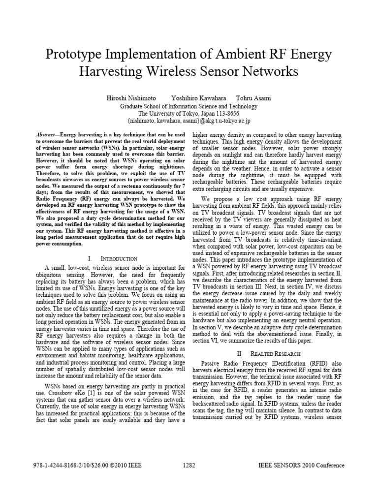 (2010 - C) Prototype Implementation of Ambient RF Energy Harvesting Wireless Sensor Networks ...