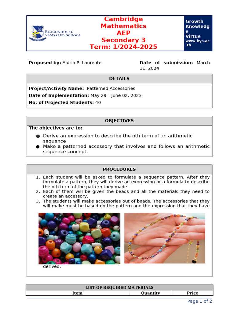Arithmetic Sequence Accessory Project | PDF | Mathematics
