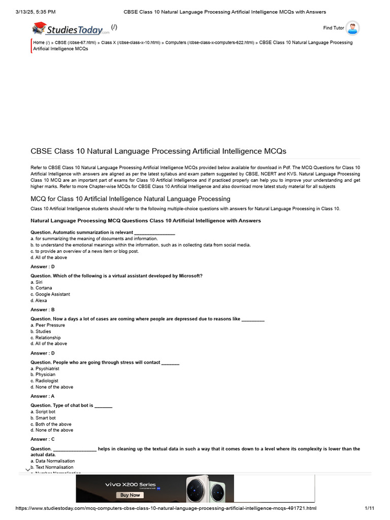 CBSE Class 10 Natural Language Processing Artificial Intelligence MCQs With Answers | PDF ...