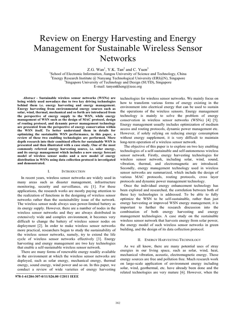 (2011 - C) Review On Energy Harvesting and Energy Management For Sustainable WSNs | PDF ...