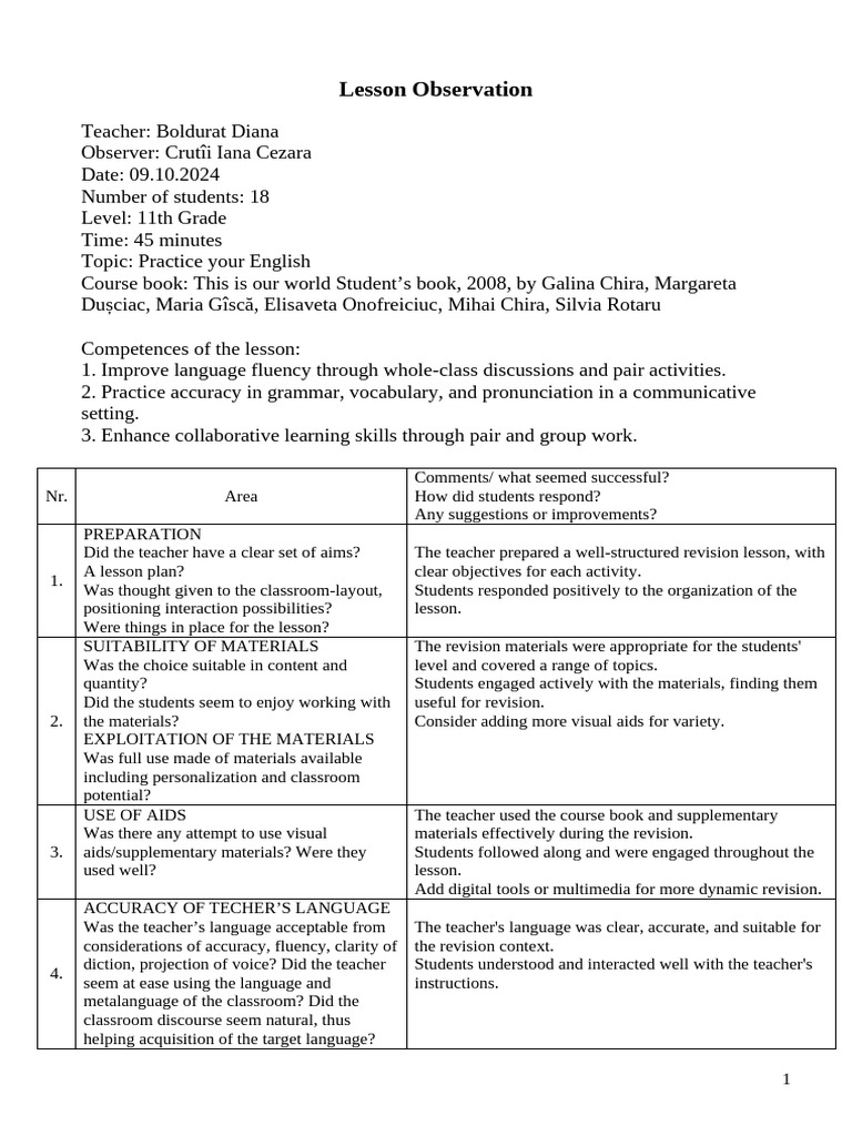 11th Grade English Lesson Observation | PDF | Teachers | Learning
