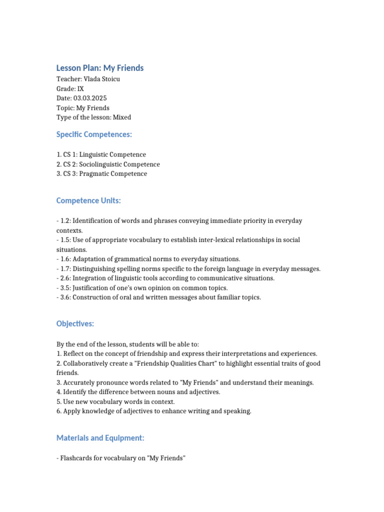 Lesson Plan on Friendship Skills | PDF | Linguistics | Human Communication