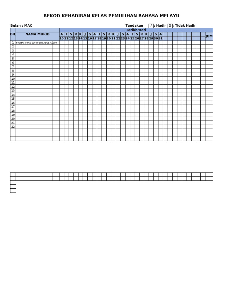 Buku Rekod Kehadiran Murid 2024 | PDF