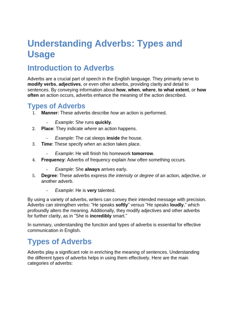 Understanding Adverbs - Types and Usage | PDF | Adverb | Verb