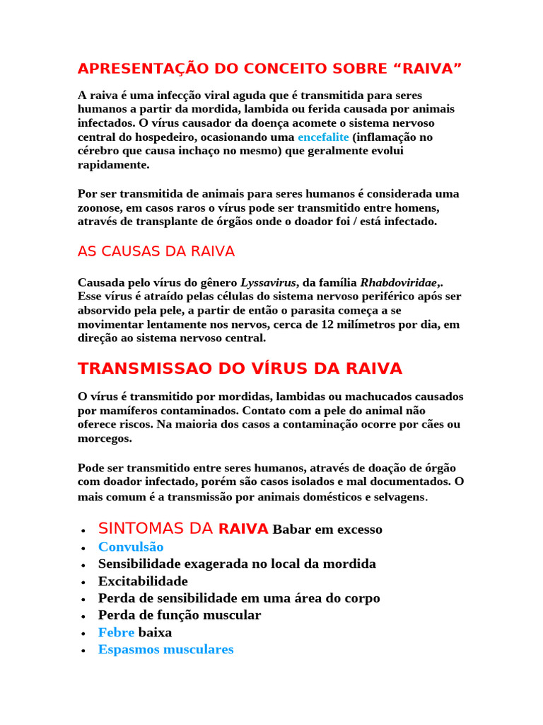 Raiva: Causas, Sintomas e Prevenção | PDF | Raiva | Vírus