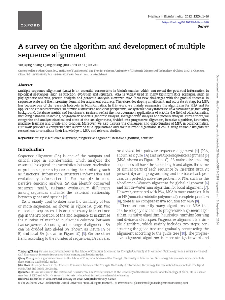 A survey on the algorithm and development of multiple sequence alignment | PDF | Sequence ...