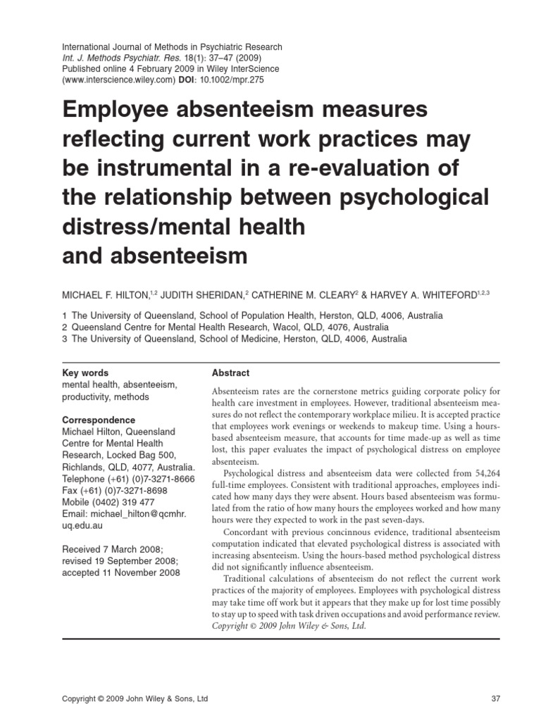 Int J Methods Psych Res - 2009 - Hilton - Employee Absenteeism Measures ...