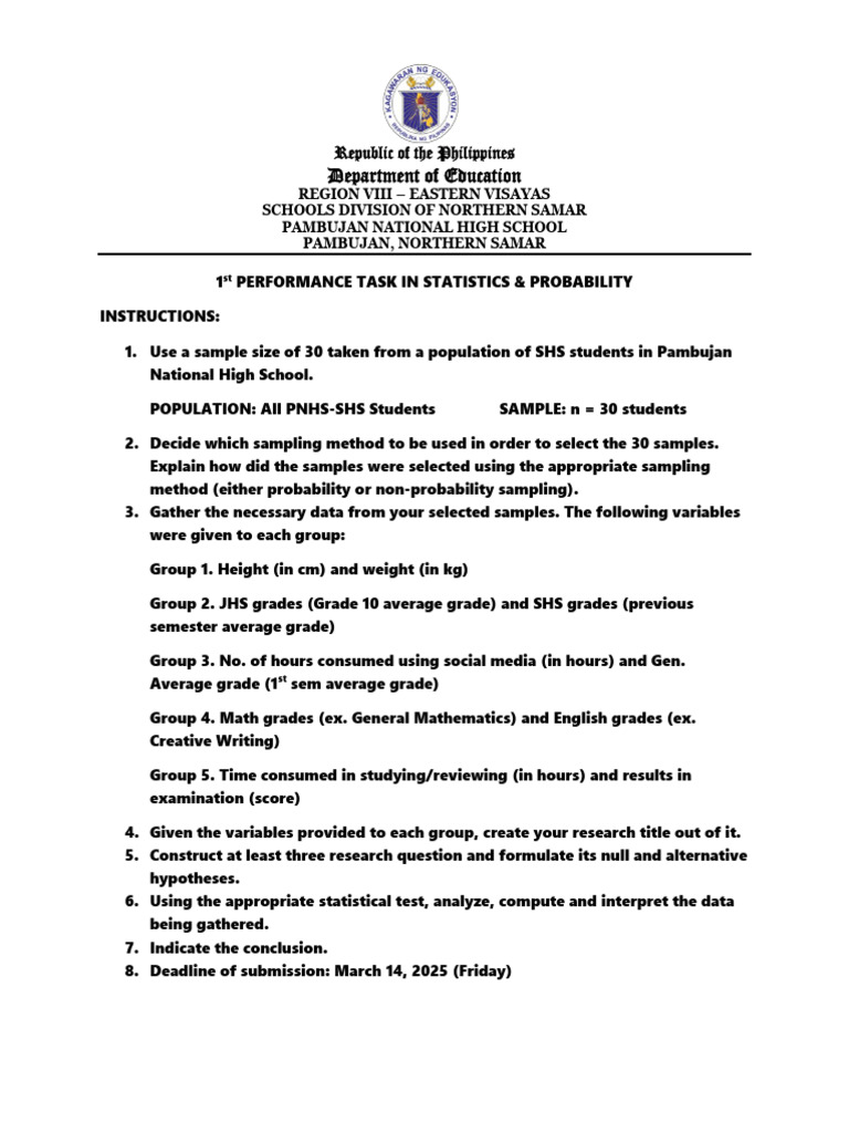 Statistics Task For Pnhs Students Pdf