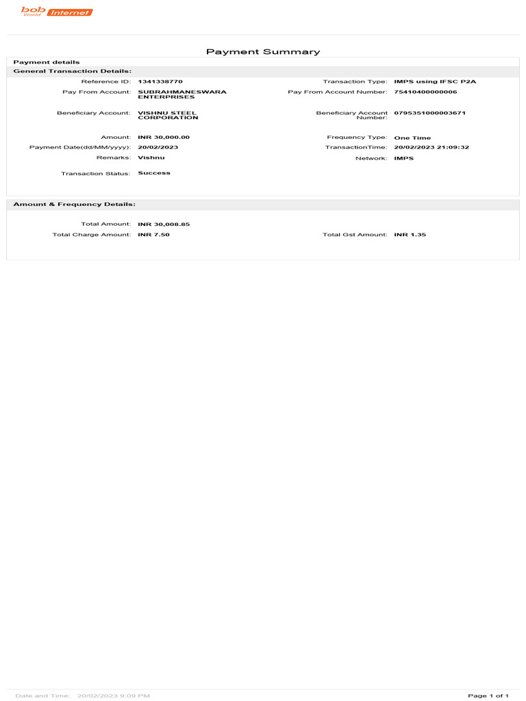 Payment Summary: 1341338770 Imps Using Ifsc P2A Subrahmaneswara Enterprises 75410400000006 | PDF