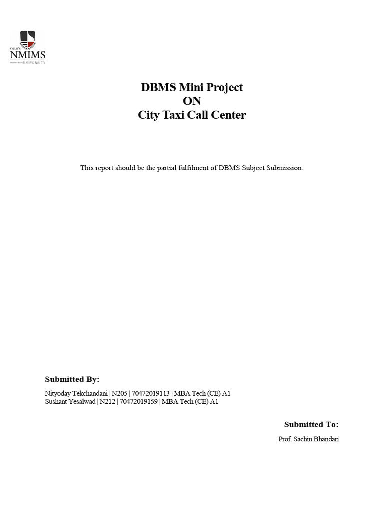 N205 N212 DBMS Mini Project City Taxi Call Center | PDF | Relational Model | Databases