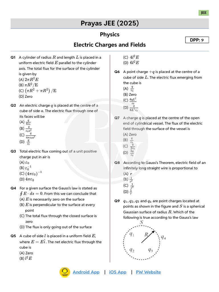 Electric Charges & Fields: DPP 09 (Of Lec 14) - Prayas JEE 2025 | PDF | Geometric Shapes ...