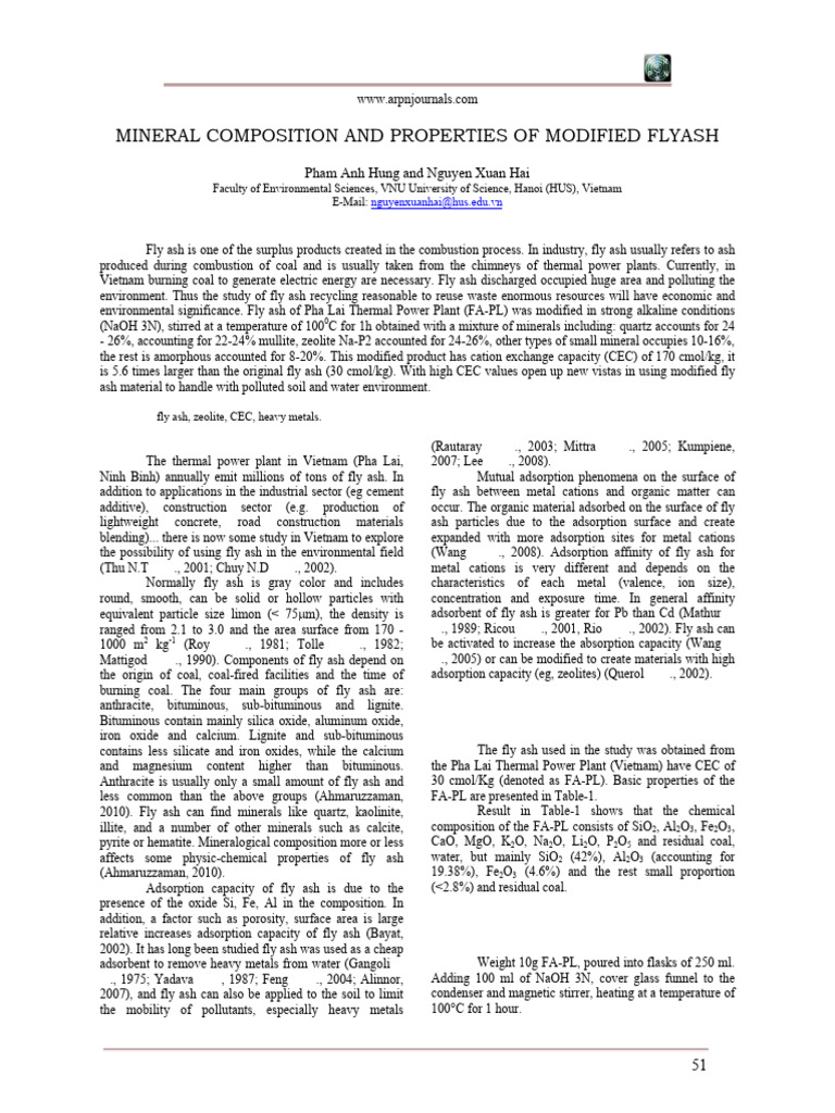 Mineral Composition and Properties of Modified Flyash | PDF | Adsorption | Power Station