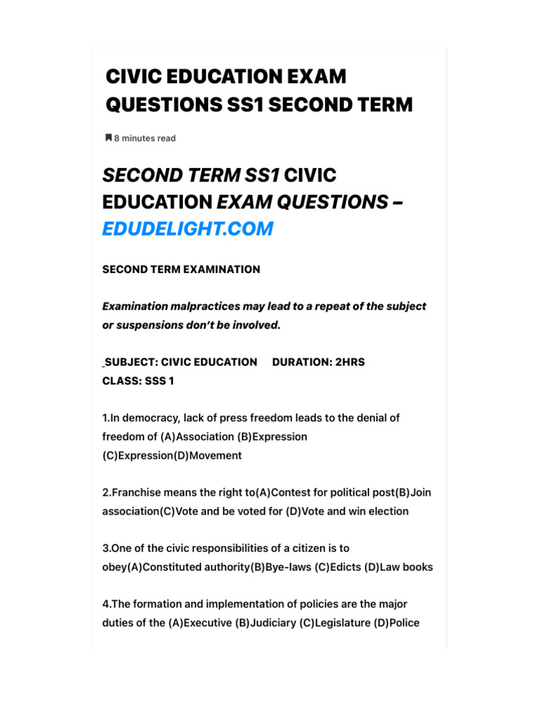 Civic Education Exam Questions SS1 Second Term | PDF | Rule Of Law | Democracy