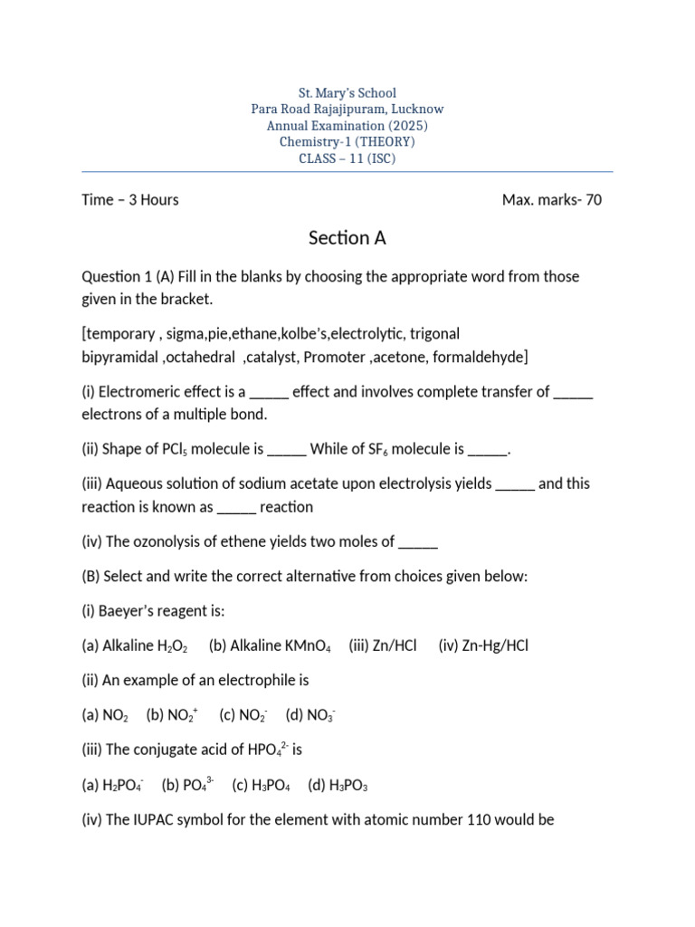 Class 11 Chemistry Exam Paper 2025 Pdf Chemical Reactions Ion