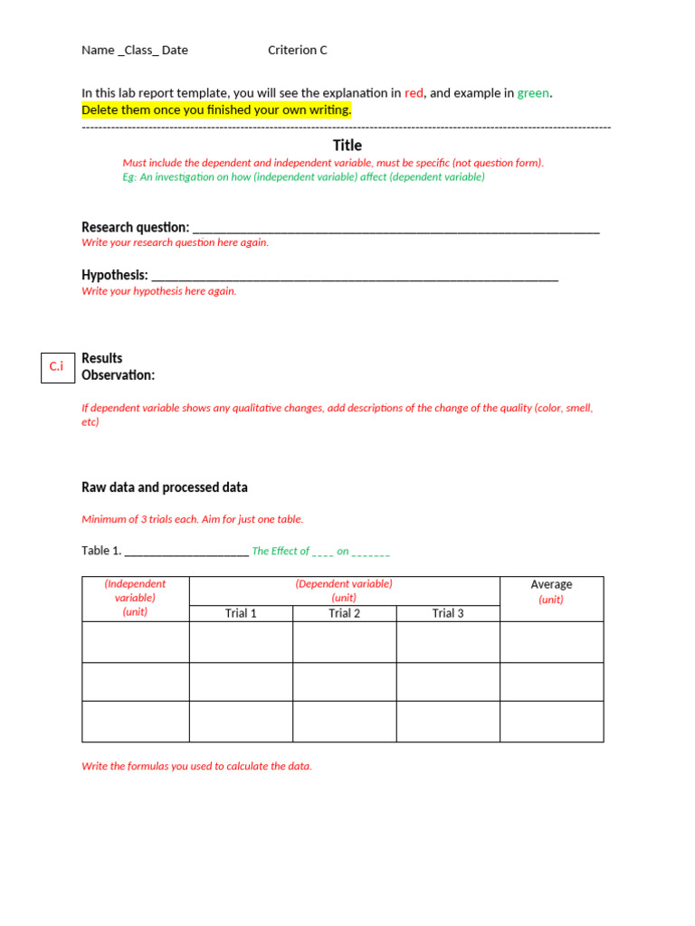 MYP 5 Criterion C - Guided Lab Report Template | PDF | Data | Validity ...