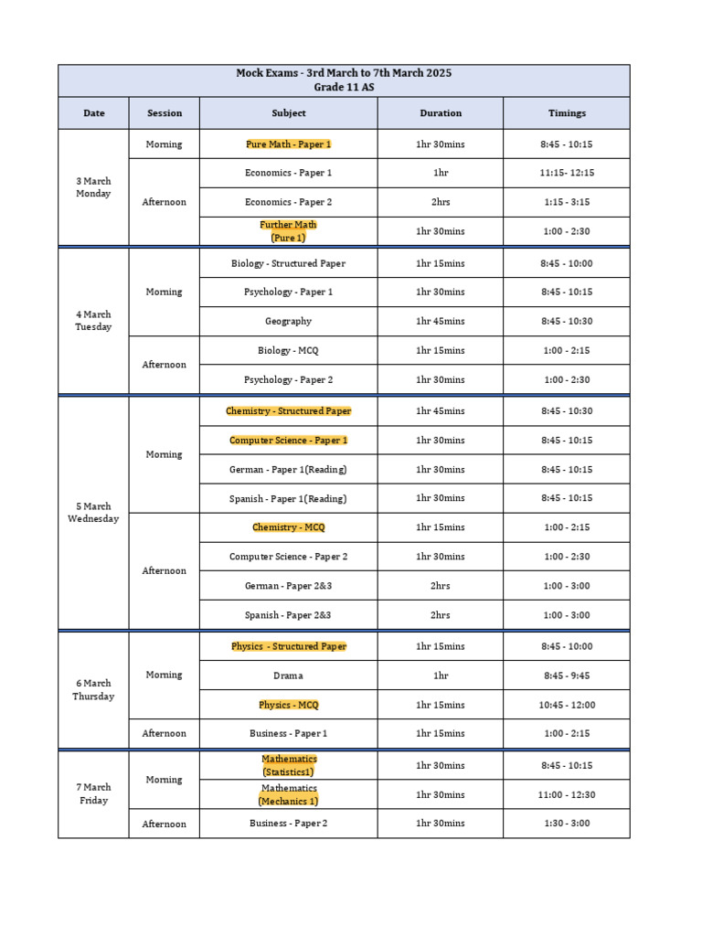 Grade 11AS Mock Exam Timetable March 2025 | PDF | Mathematics