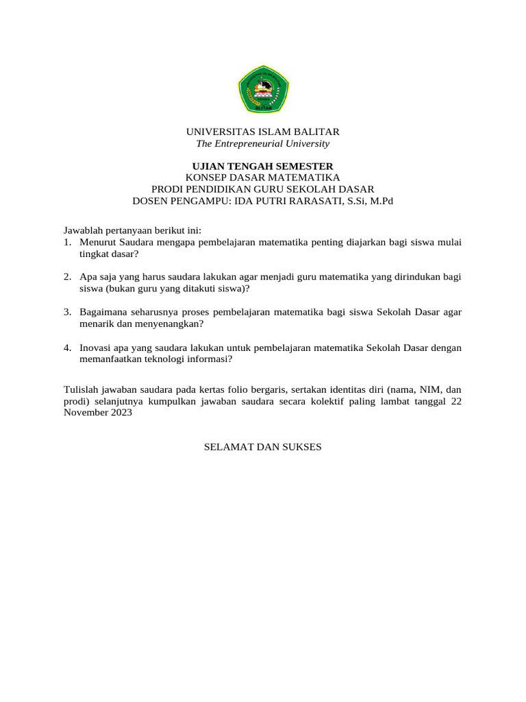 Uts MTK SD Kelas A & B | PDF