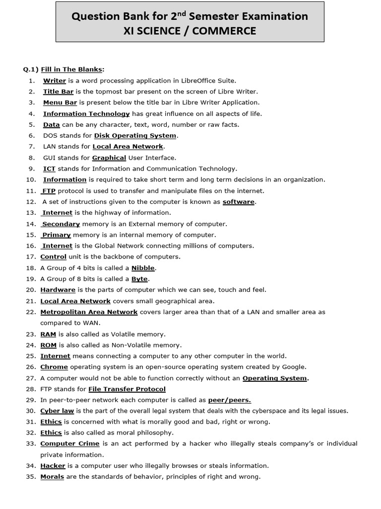 IT Question Bank 2nd Sem 2024-25 - XI Commerce and Science | PDF ...