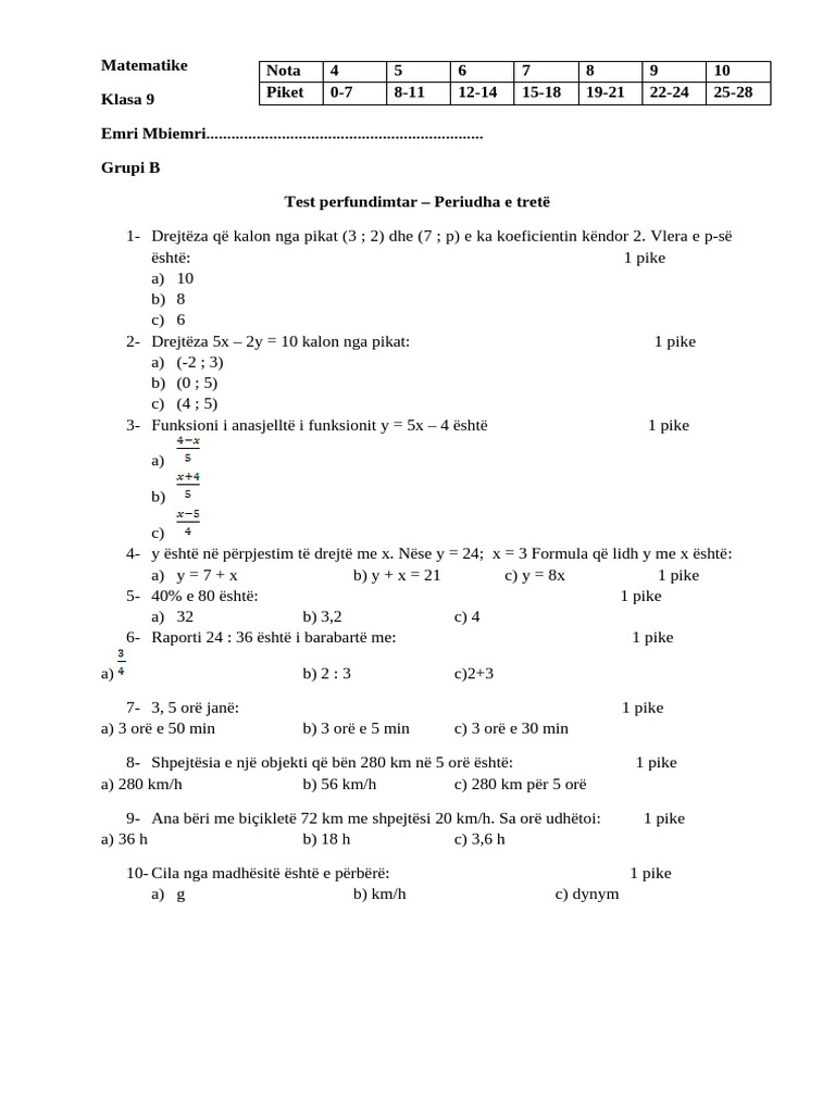 Test Vjetor MATEMATIKE 9 Grupi B 2 | PDF