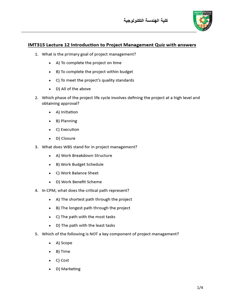 Project Management Quiz with Answers | PDF | Project Management ...