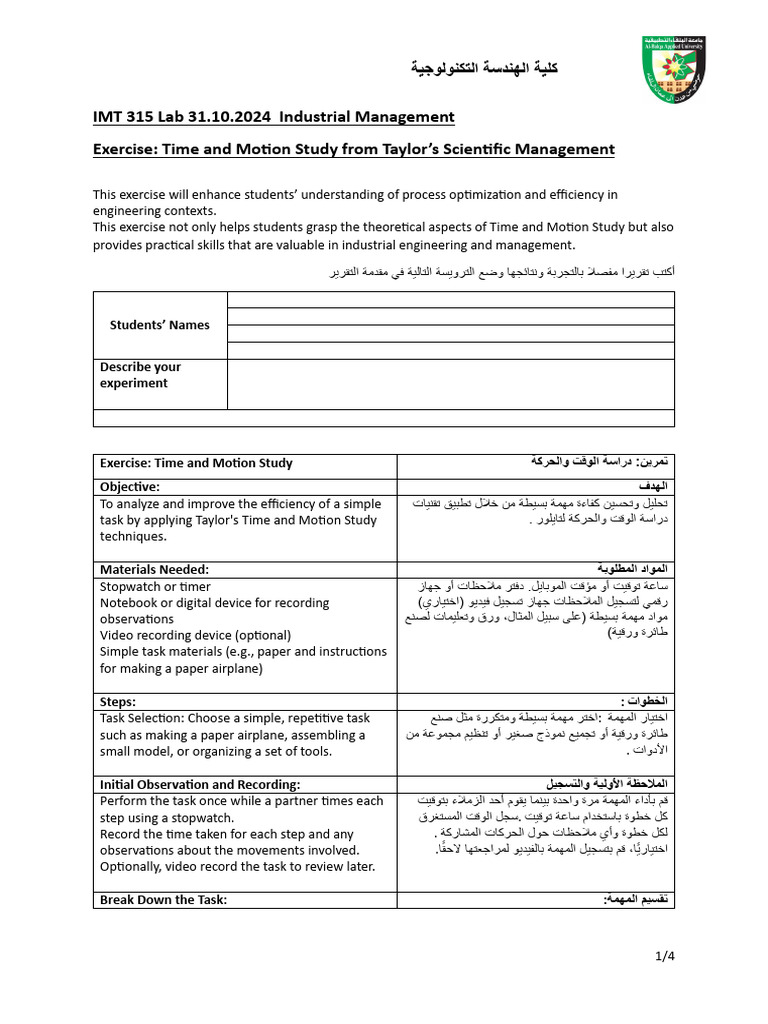 IMT315 Lab Task Time and Motion Study From Taylors Scientific ...