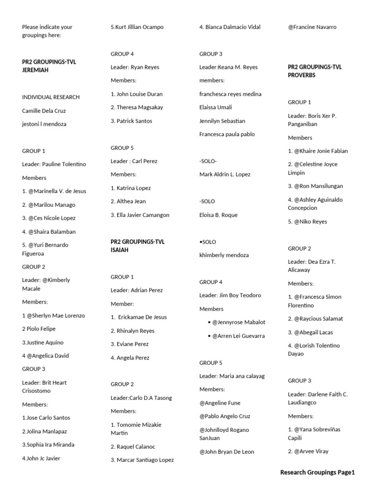 PR2-Groupings 2021-2022 | PDF