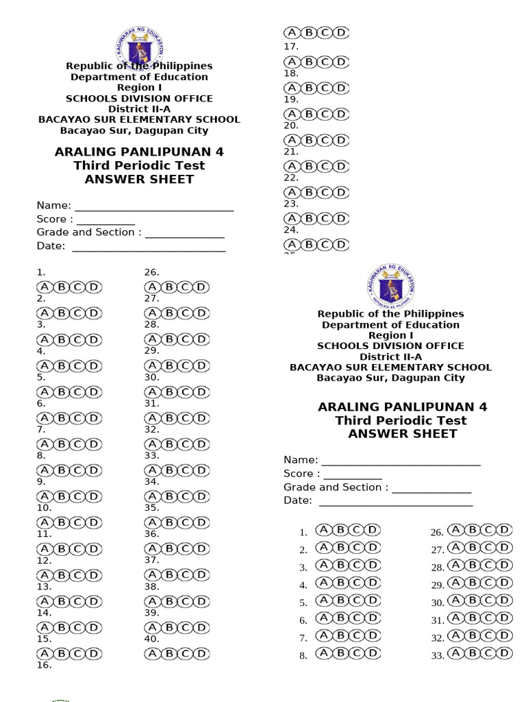 Answersheet Grade 4 1 40 Only | PDF