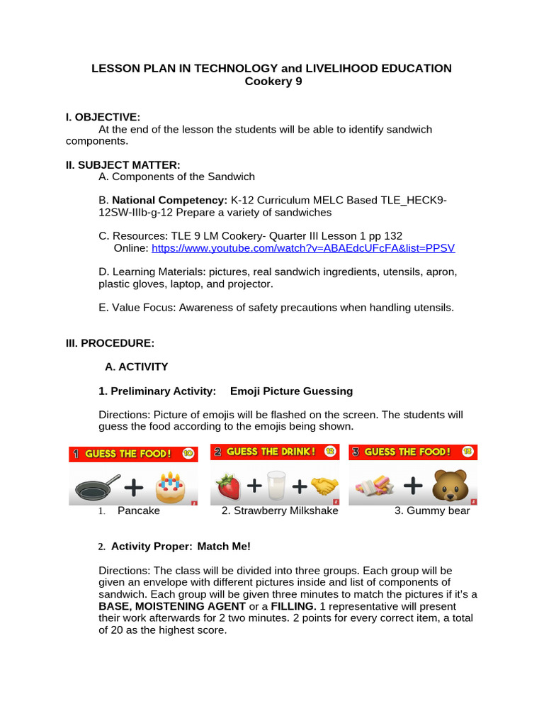 LESSON PLAN IN TLE Cookery 9 | PDF | Sandwich | Foods